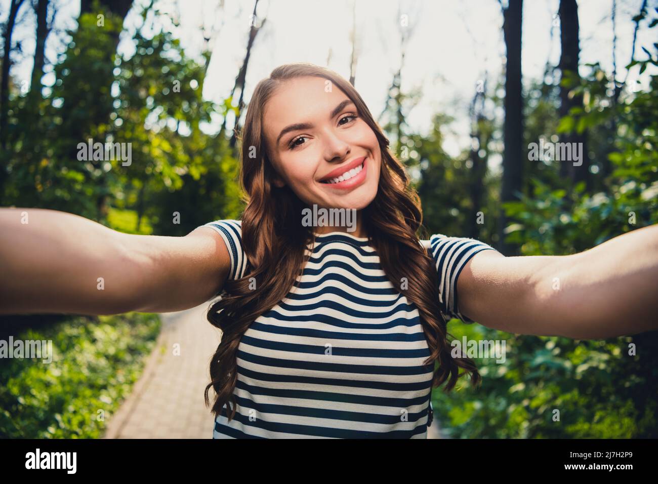 Self-portrait of attractive carefree cheerful cute girl resting good ...