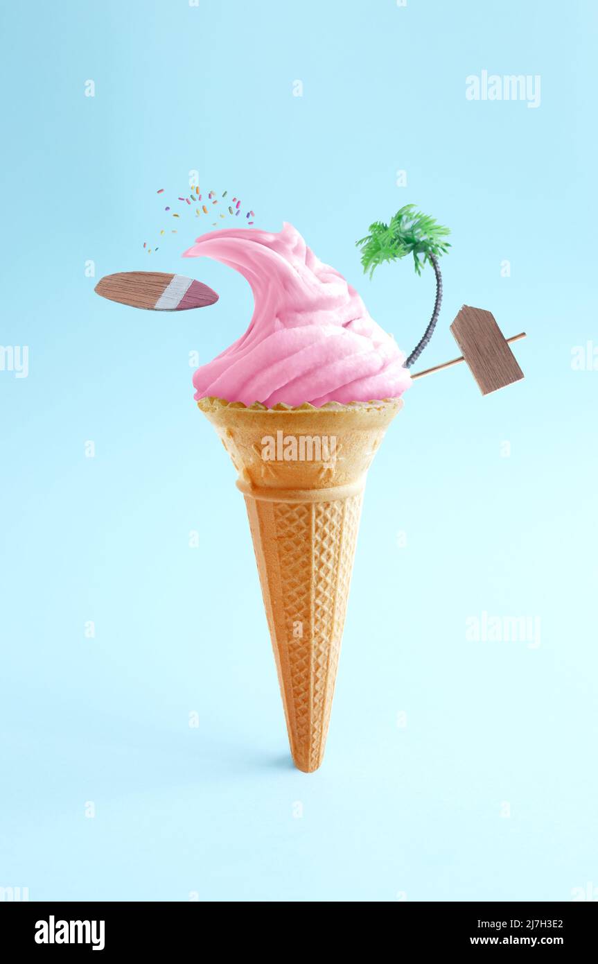 Strawberry ice cream 'wave' with surfboard, beach sign and palm tree ...