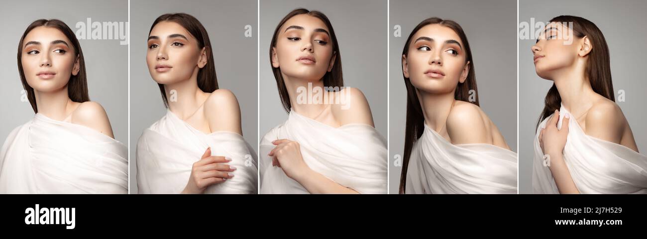 Set of portrait of beautiful young woman covered with transparent white ...