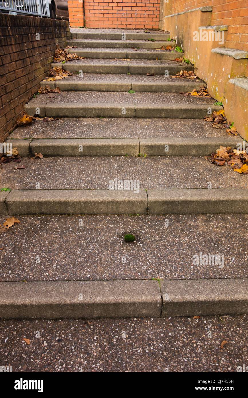 grey dirty steps going up with Autumn leaves to each side Stock Photo ...
