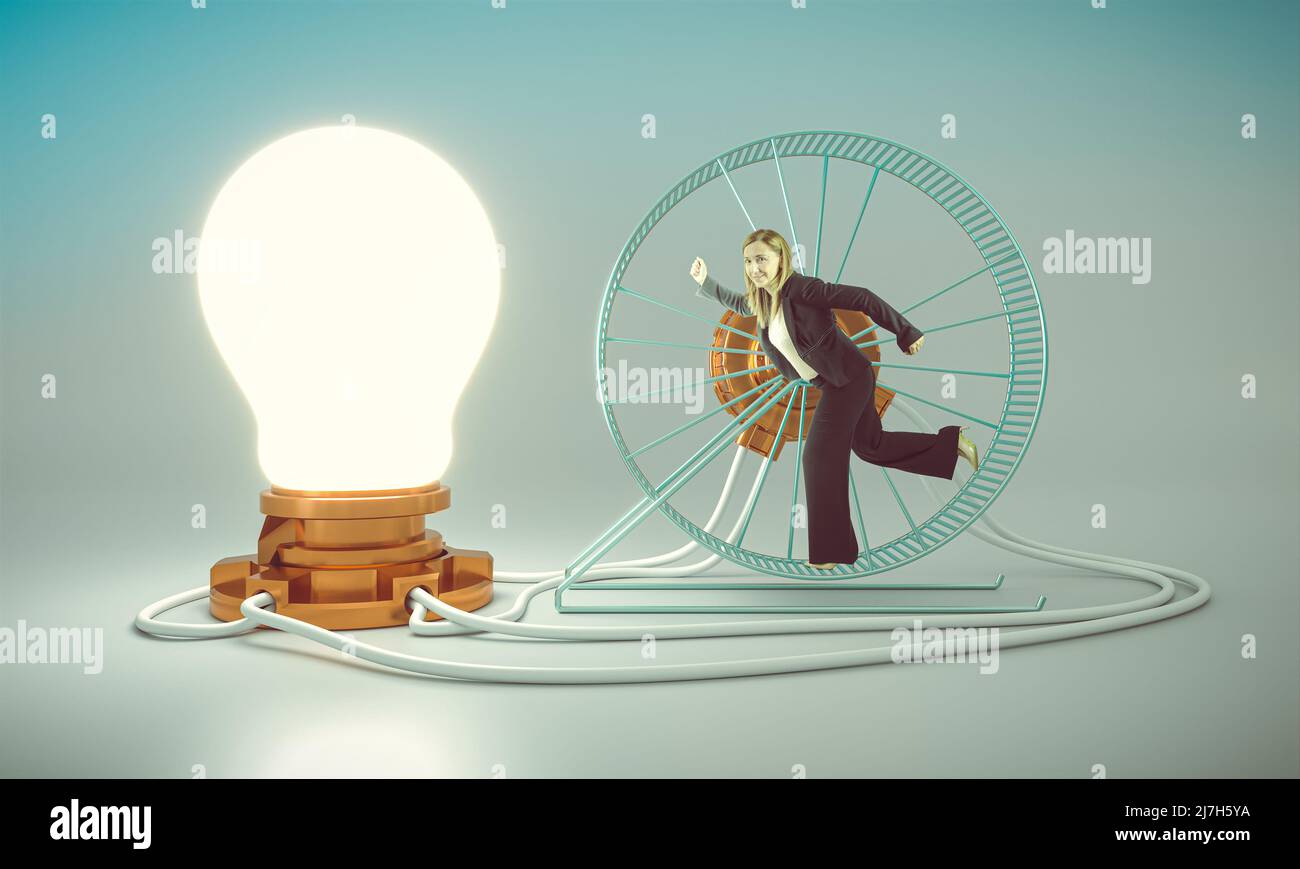 woman runs on a wheel to power a large light bulb Stock Photo - Alamy