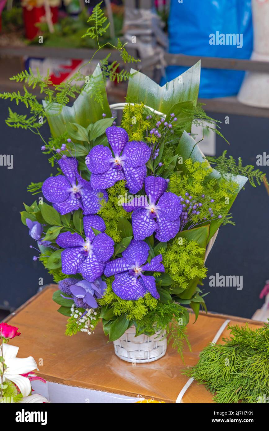 Purple Flowers Violets Bouquet Natural Arrangement at Table Stock Photo ...