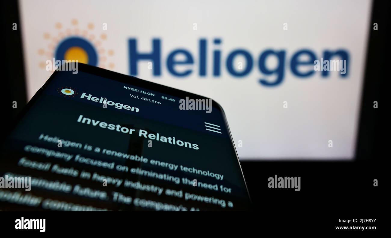 Mobile phone with webpage of American renewable energy company Heliogen ...