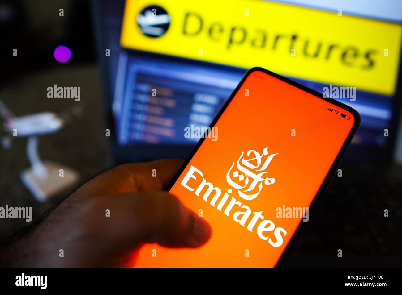 In this photo illustration, the Emirates Airlines logo seen displayed ...