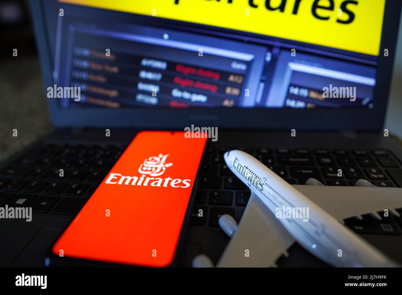 In this photo illustration, the Emirates Airlines logo seen displayed ...