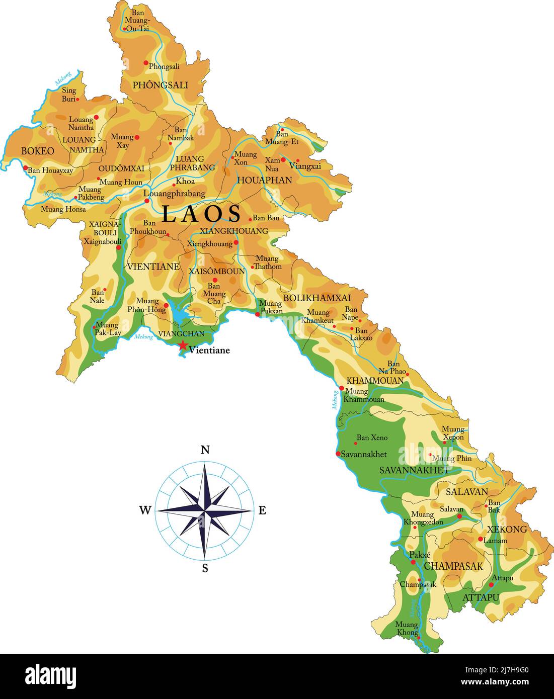 Highly detailed physical map of the Laos,in vector format,with all the relief forms,regions and ...