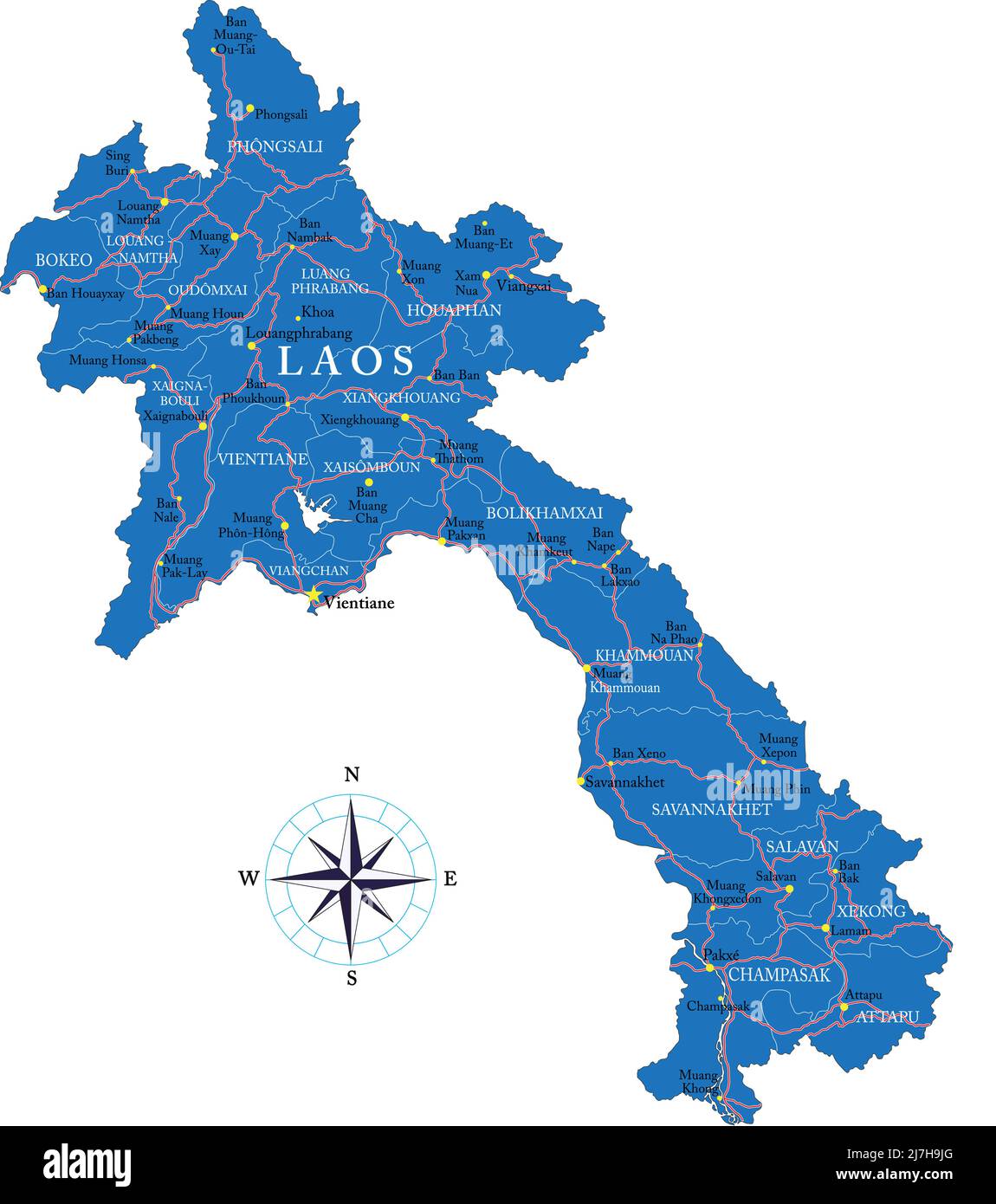 Highly detailed vector map of Laos with administrative regions, main ...