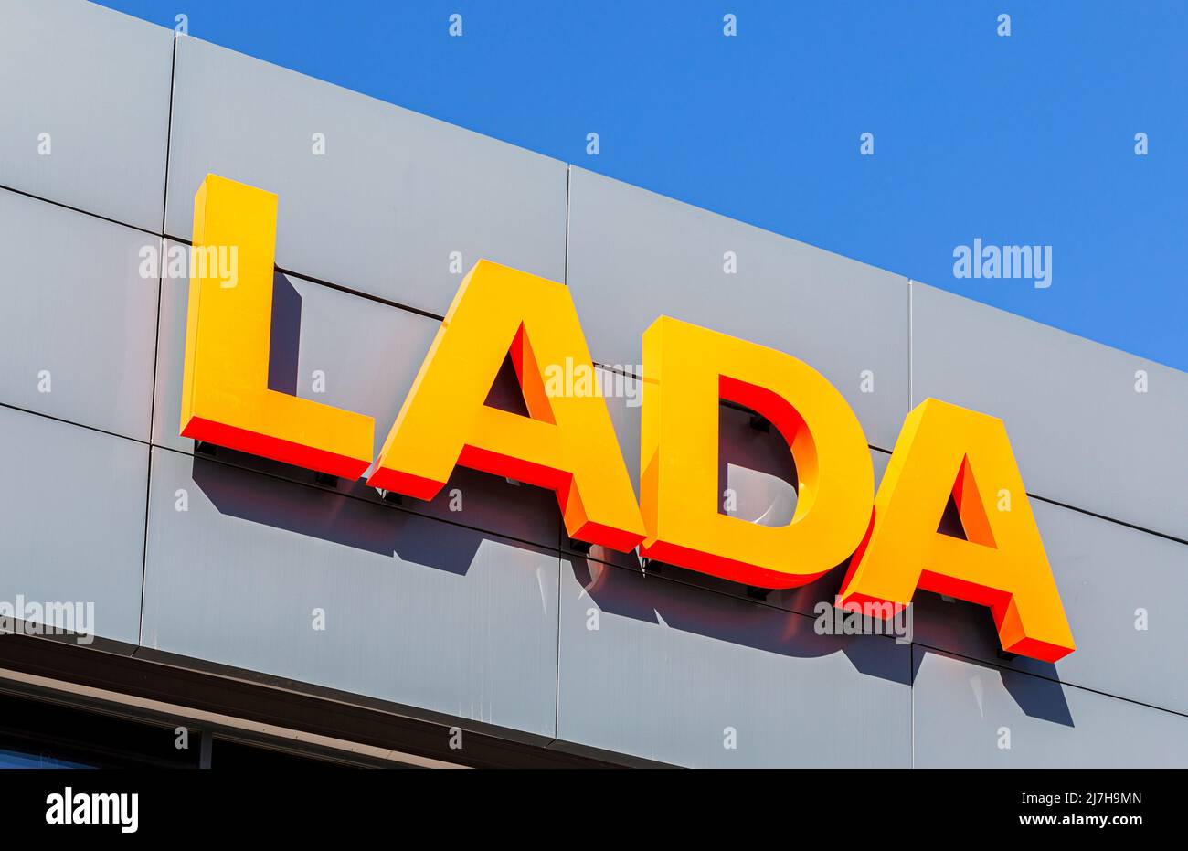 Samara, Russia - May 07, 2022: Dealership sign Lada on the office of ...