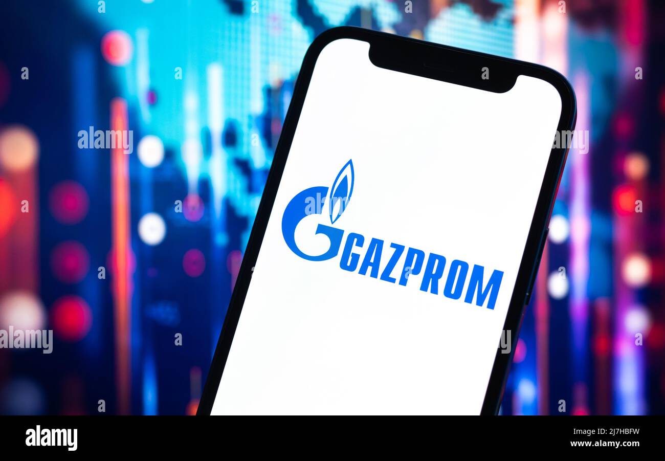 Gazprom russian oil and gas logo close-up. Collapse, petroleum world ...