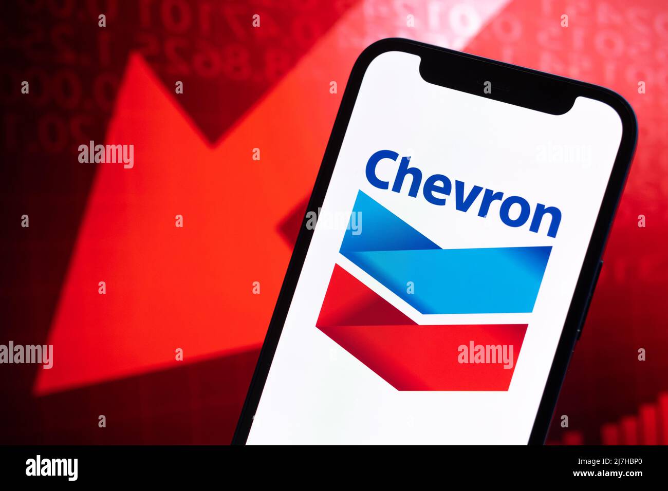 Chevron oil and gas prices, logo close-up. Collapse, petroleum crisis ...