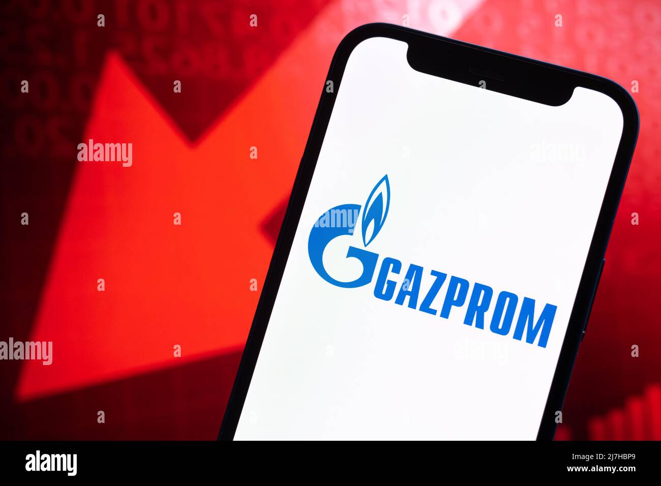 Gazprom oil prices, logo close-up. Collapse, petroleum crisis, red ...