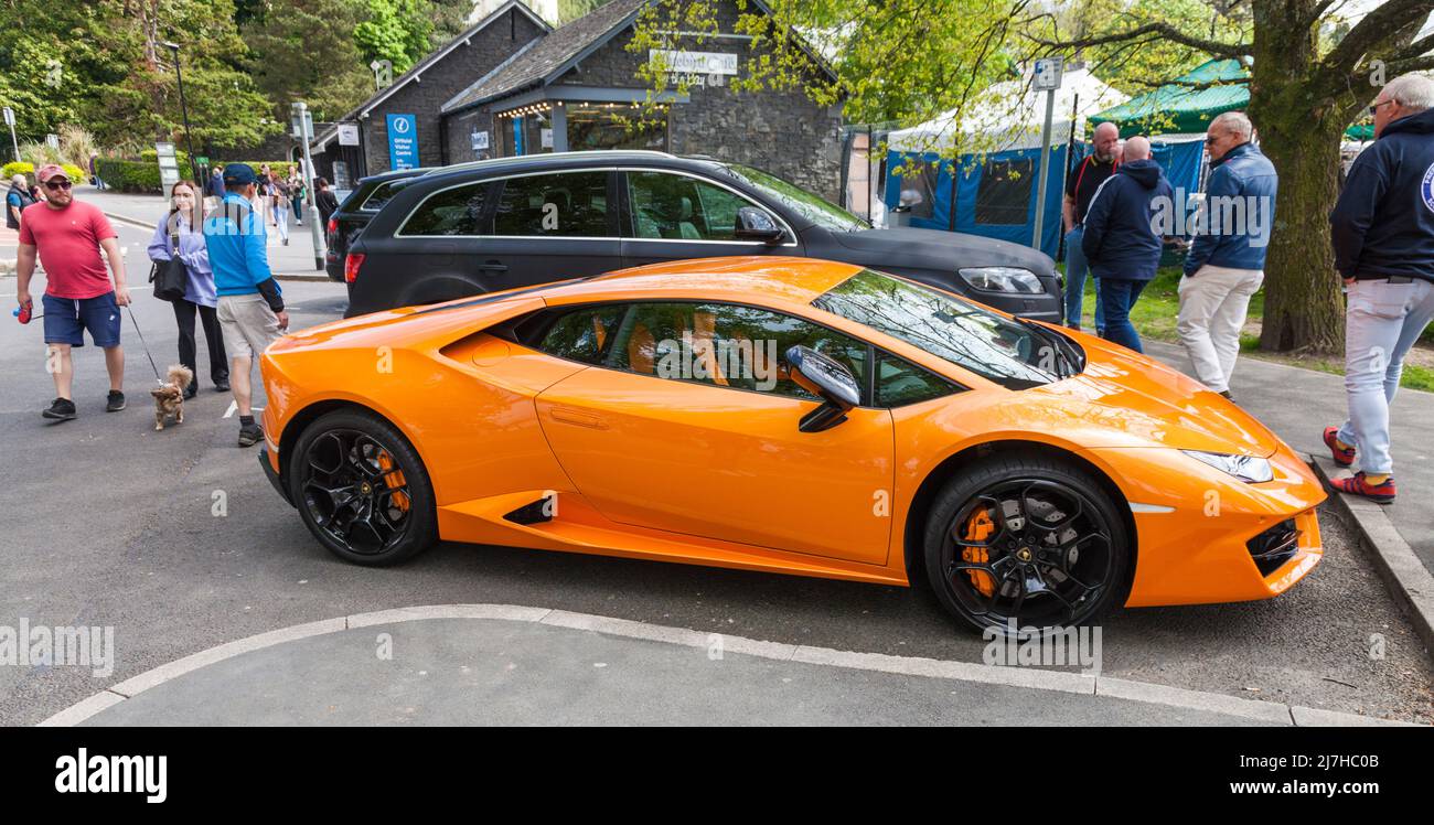 Orange coloured Lamborghini Huracan car parked in Bowness on Windermere ...
