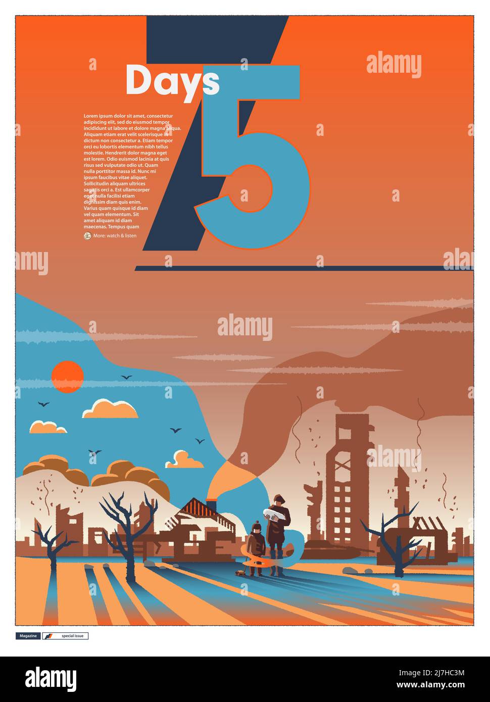 War and hope concept illustration with layout design. mother with baby ...