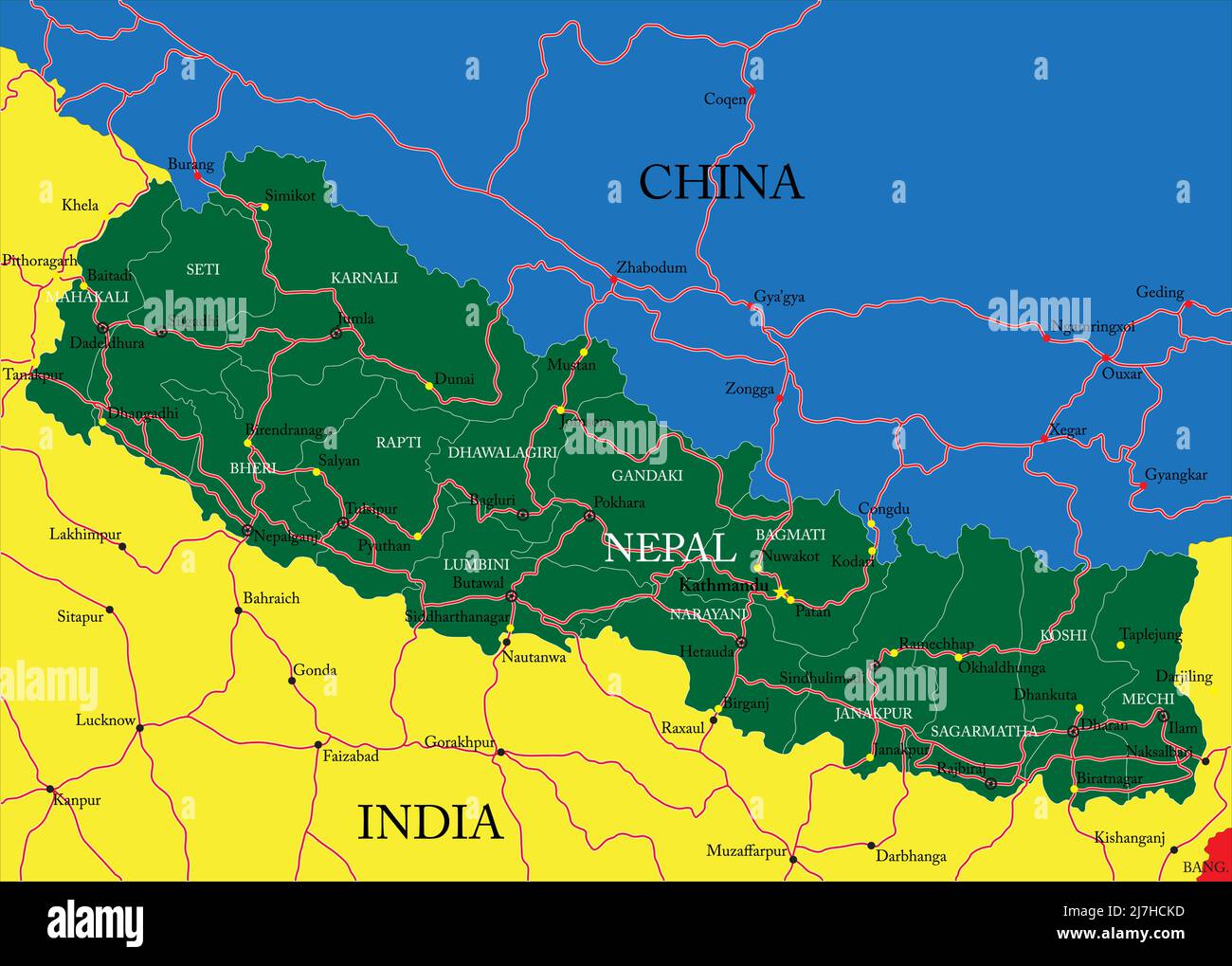 Nepal highly detailed vector map with administrative regions, main ...