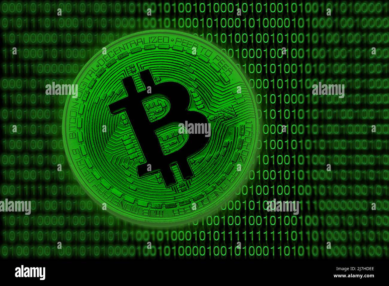 3D illustration of virtual money bitcoin with green zero one digits as ...