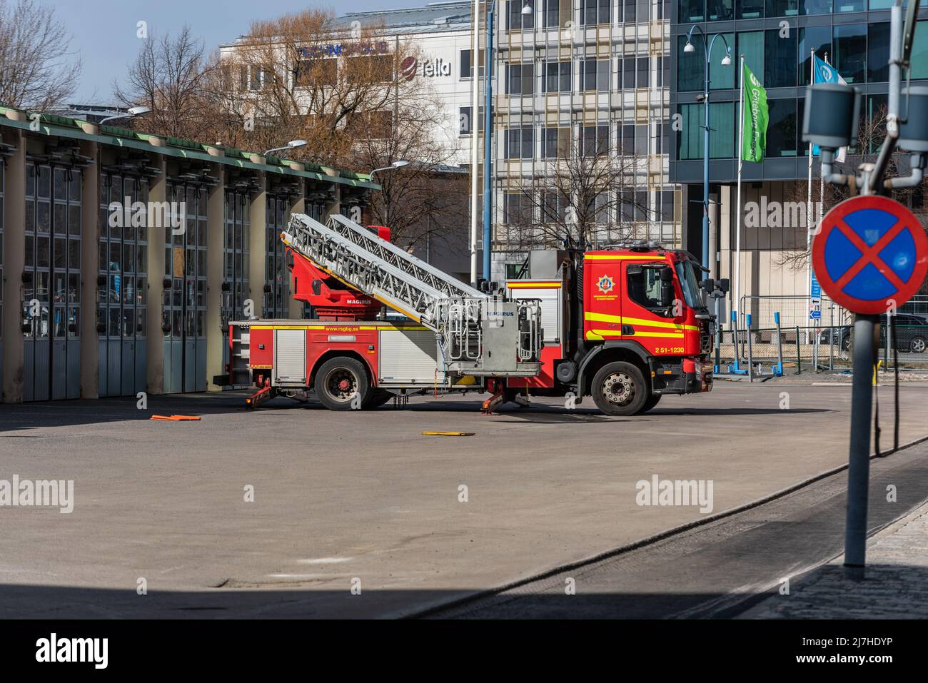 Volvo Magirus fire ladder truck being tested and cleaned at a fire ...