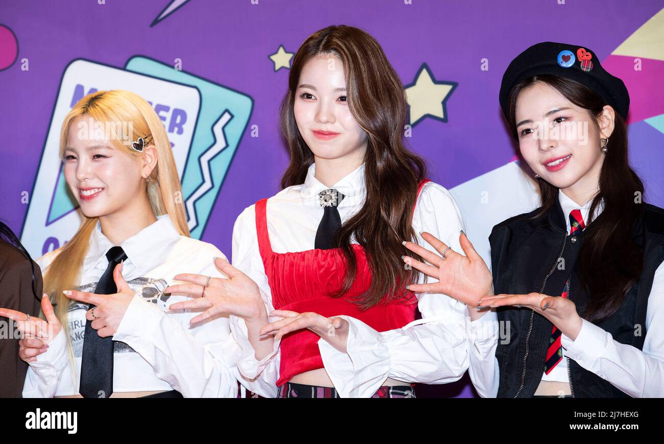 Seoul, South Korea. 8th May, 2022. Mako, Ayaka and Maya, from Japanese K-Pop girl group NiziU ...