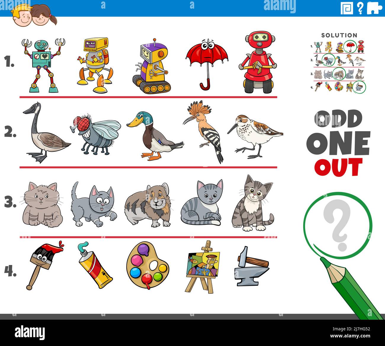 Cartoon illustration of odd one out picture in a row educational ...