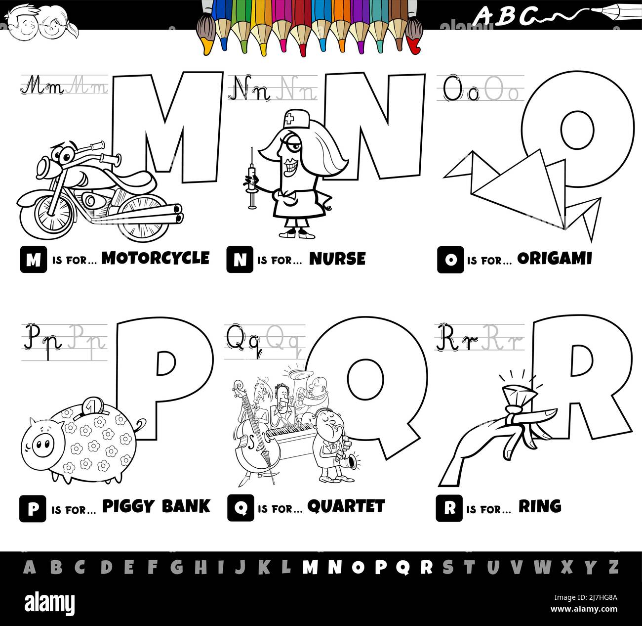Black and white cartoon illustration of capital letters from alphabet ...