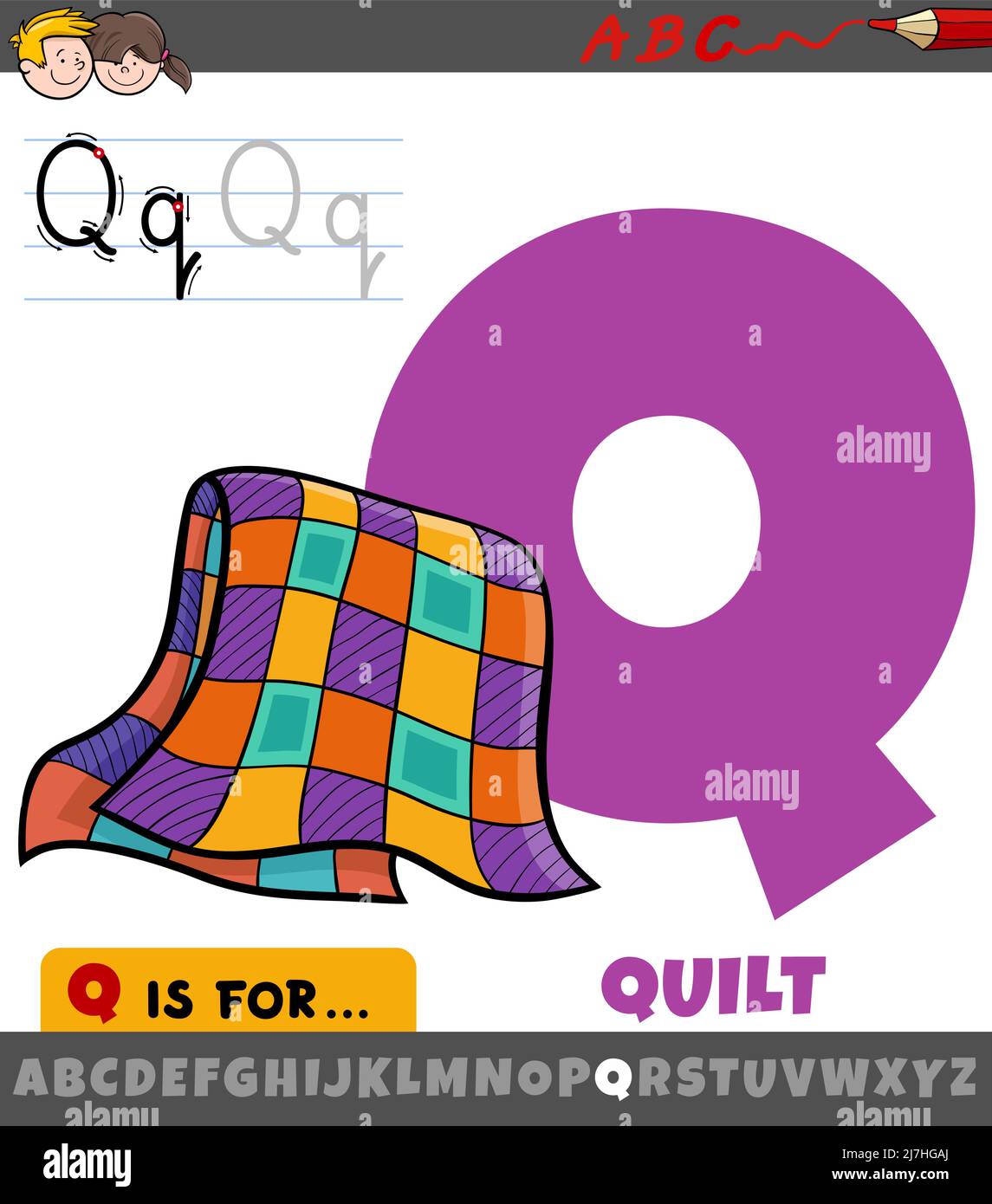Educational cartoon illustration of letter Q from alphabet with quilt ...