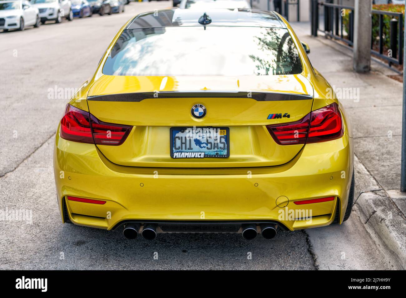 Miami Beach, Florida USA - April 15, 2021: yellow bmw m4, back view ...