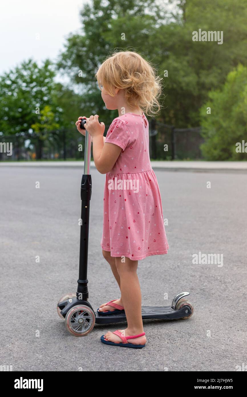 Child riding scooter. Little girl spending time outdoors in summer. Kid ...