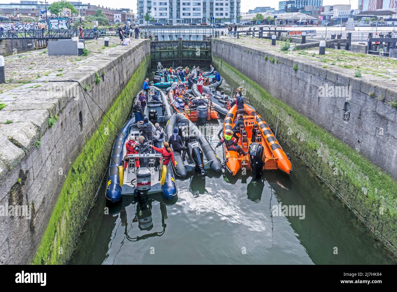 A group of small boats inside Buckingham Lock, in Ringsend in Dublin ...