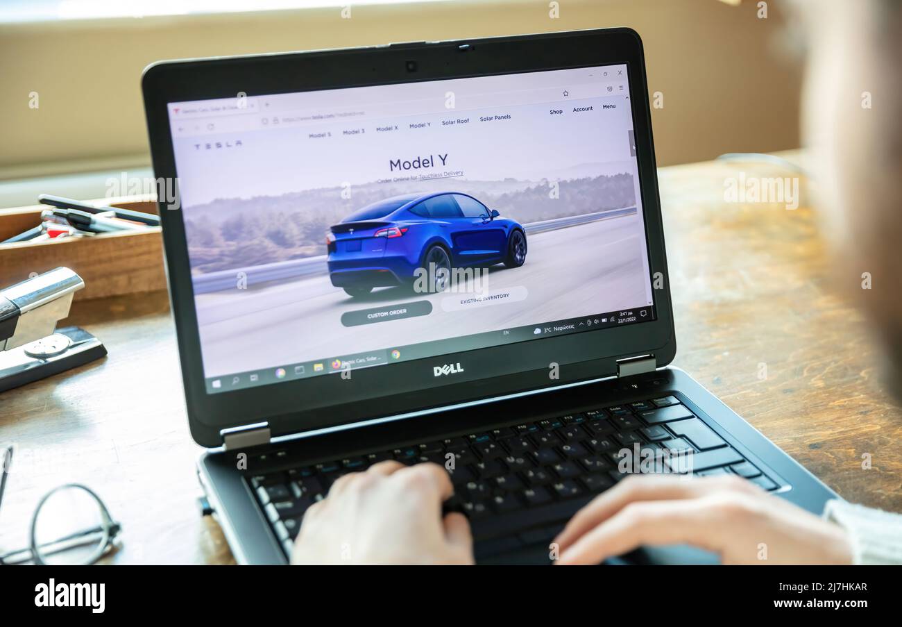 Greece, Athens, January 23 2022. TESLA CAR SELECTION. Ad, online blue ...