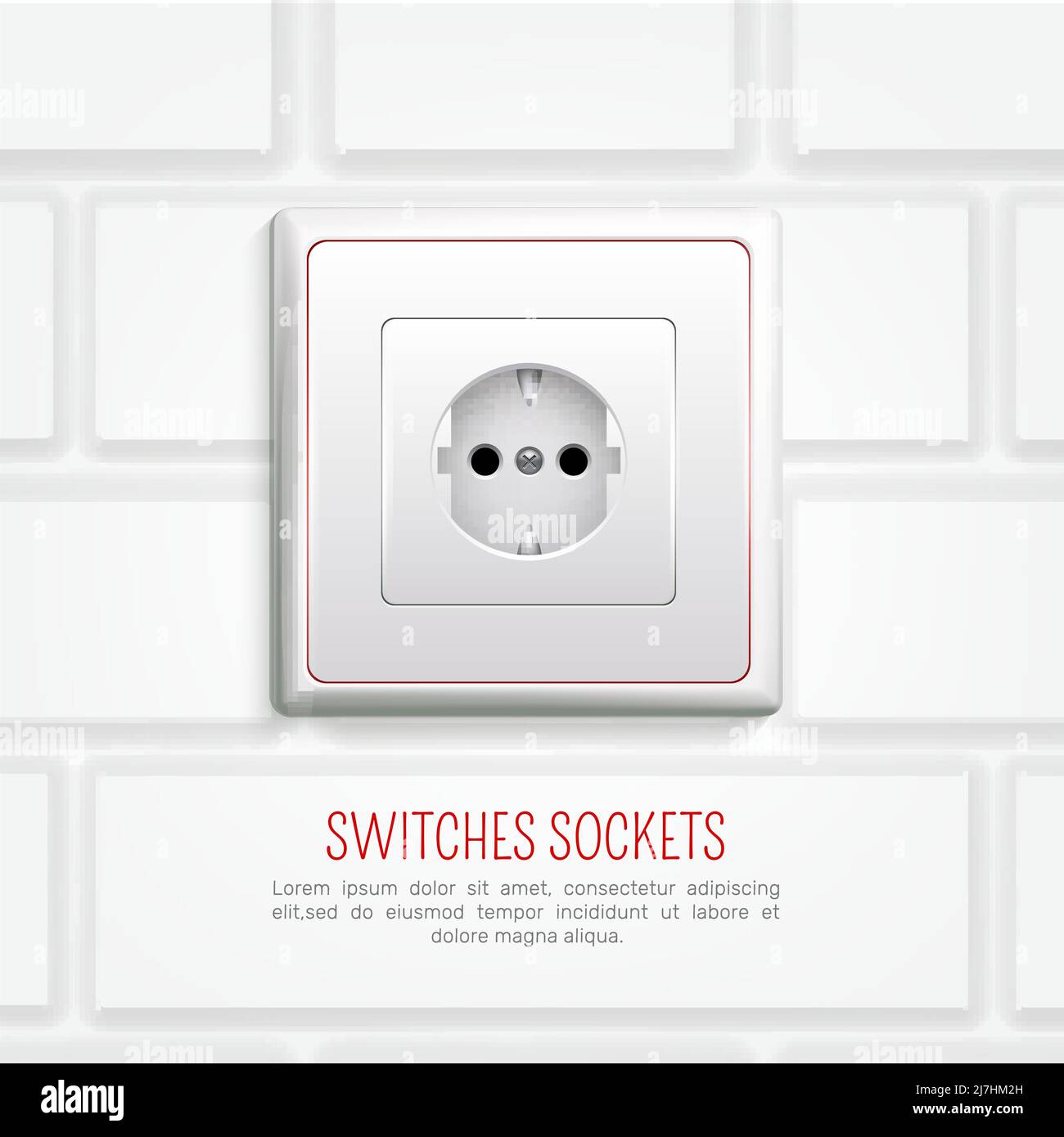 Socket of european standard with red line at plastic panel on white ...