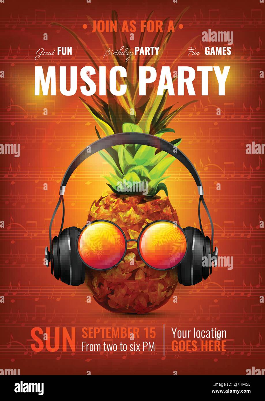 Music party poster with pineapple in realistic headphones, glasses on ...