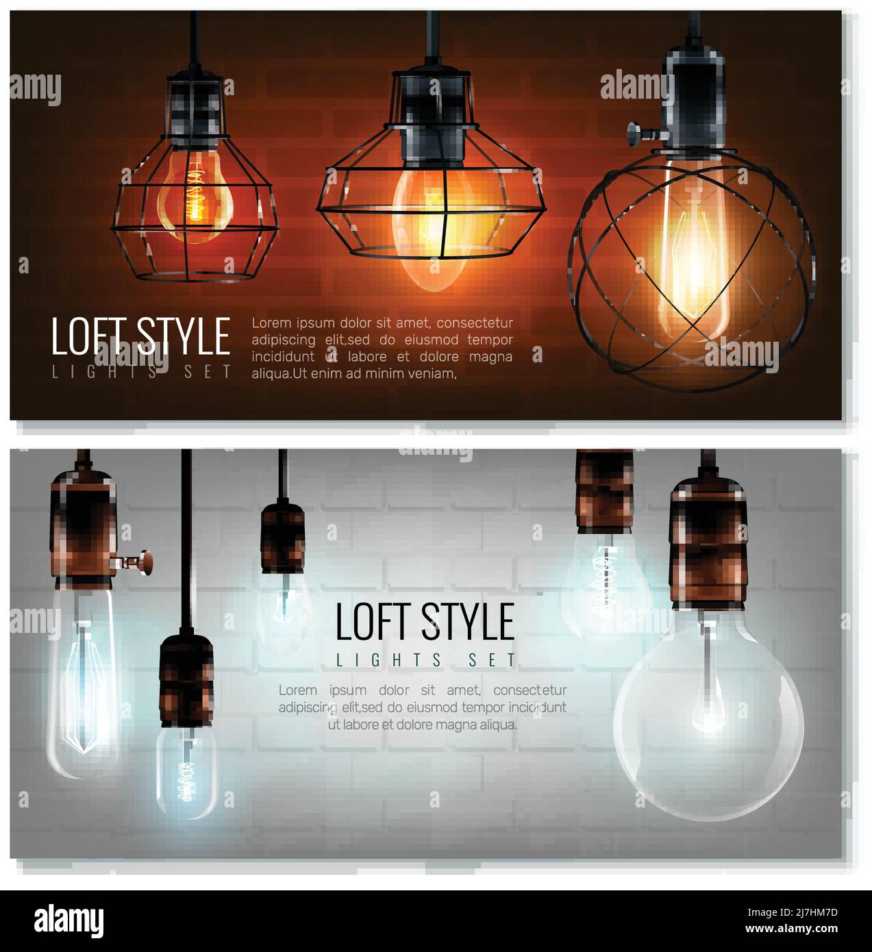 Two realistic vintage glowing light bulbs horizontal banner set with ...