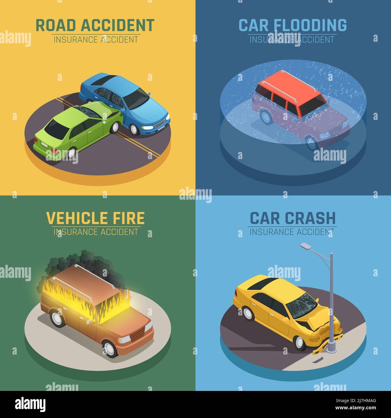 Auto insurance concept 4 isometric icons square for road accident ...