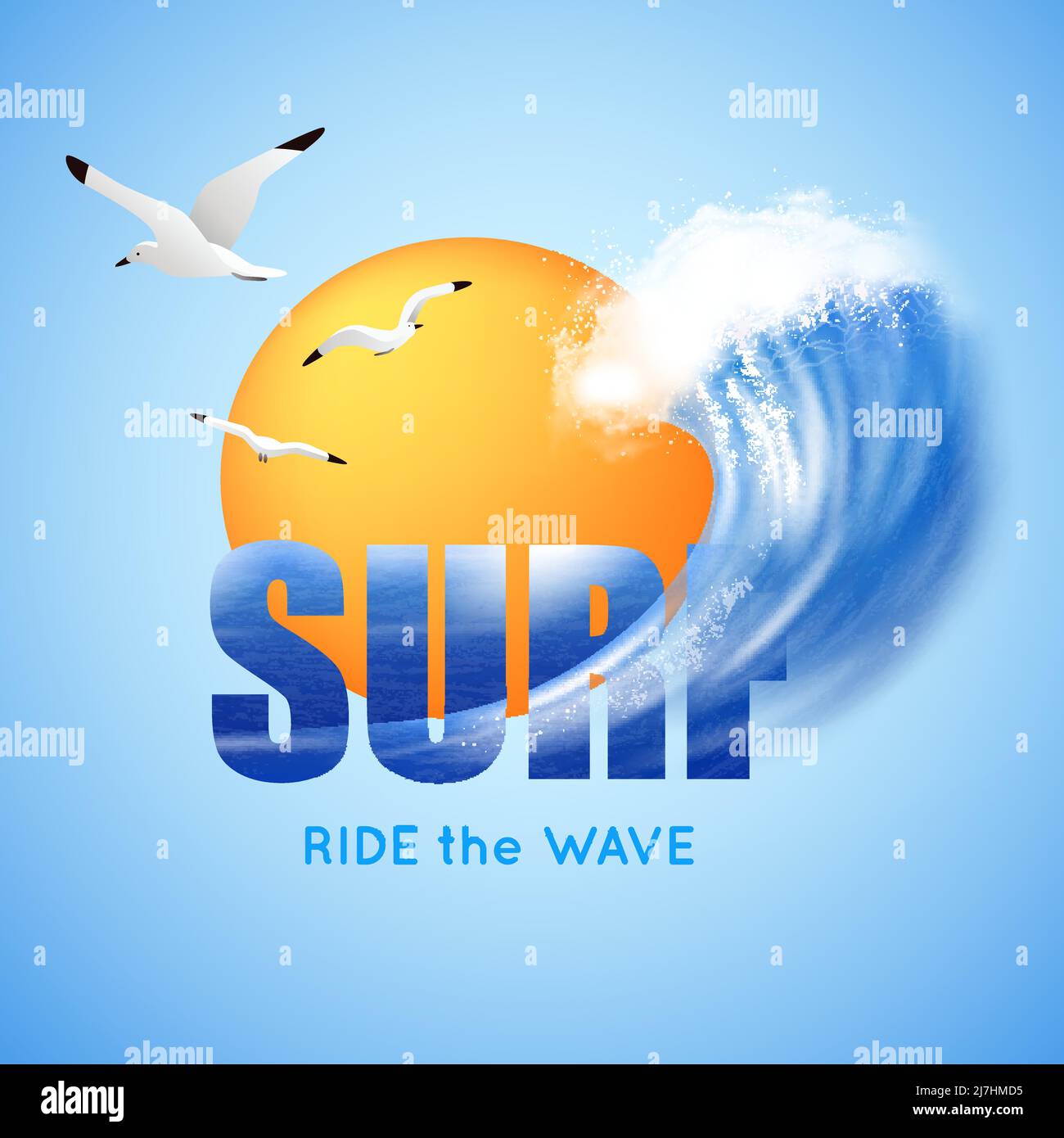 Surfing and big ocean wave poster with typographic lettering, sun ...