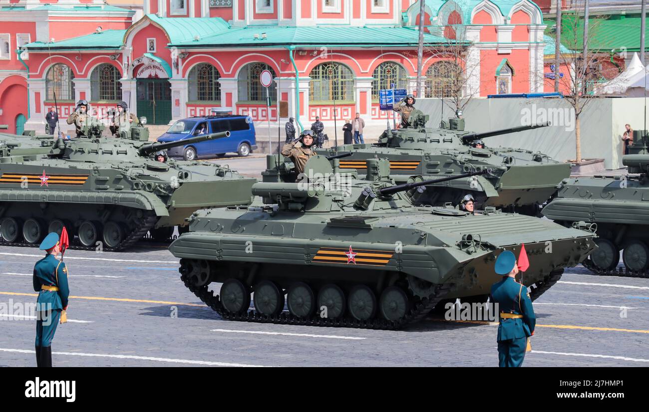 Moscow, Russia, May 2022: Infantry fighting vehicles BMP-2M are passing ...
