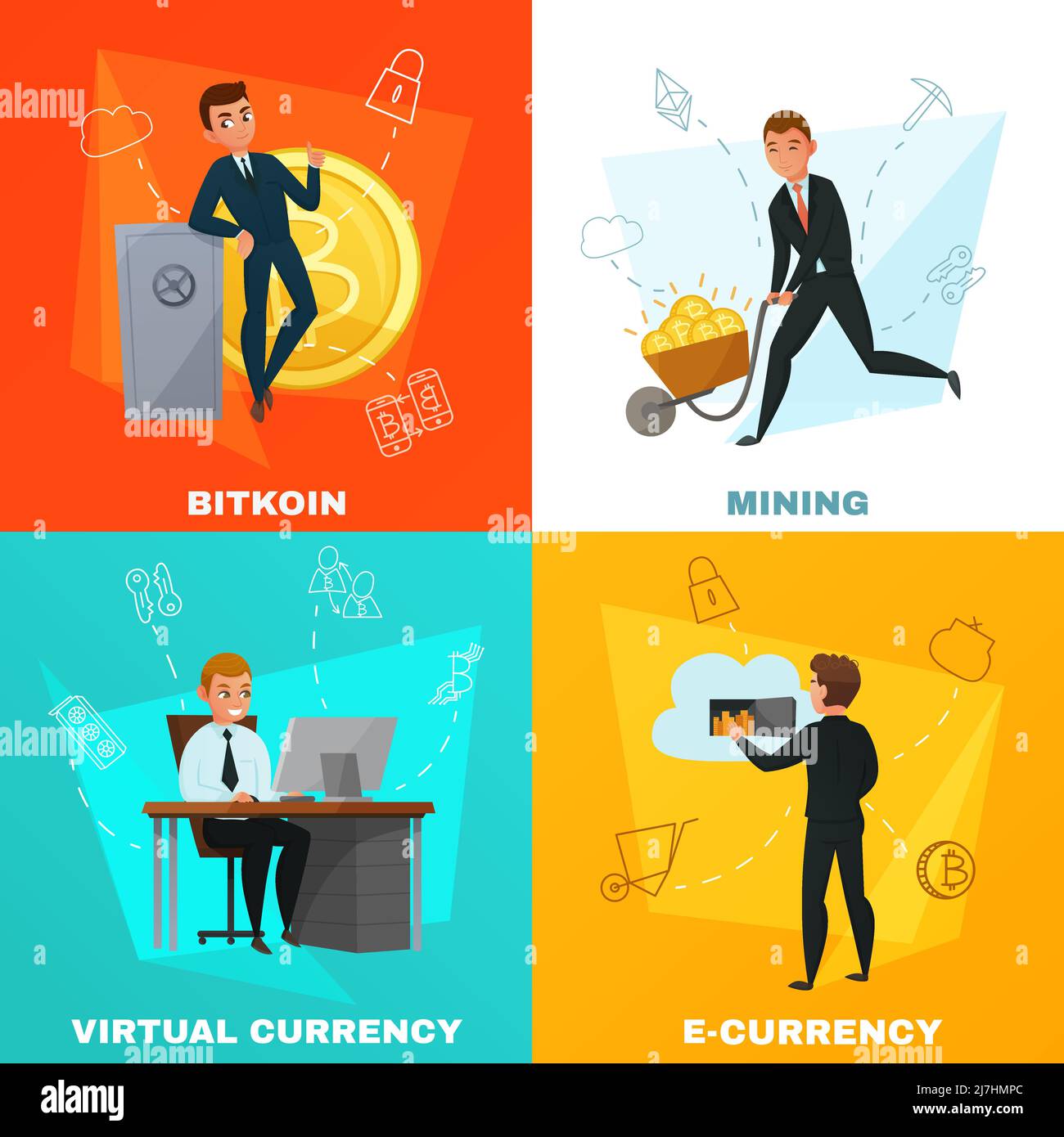 Cryptocurrency virtual money and bitcoin mining 2x2 design concept ...