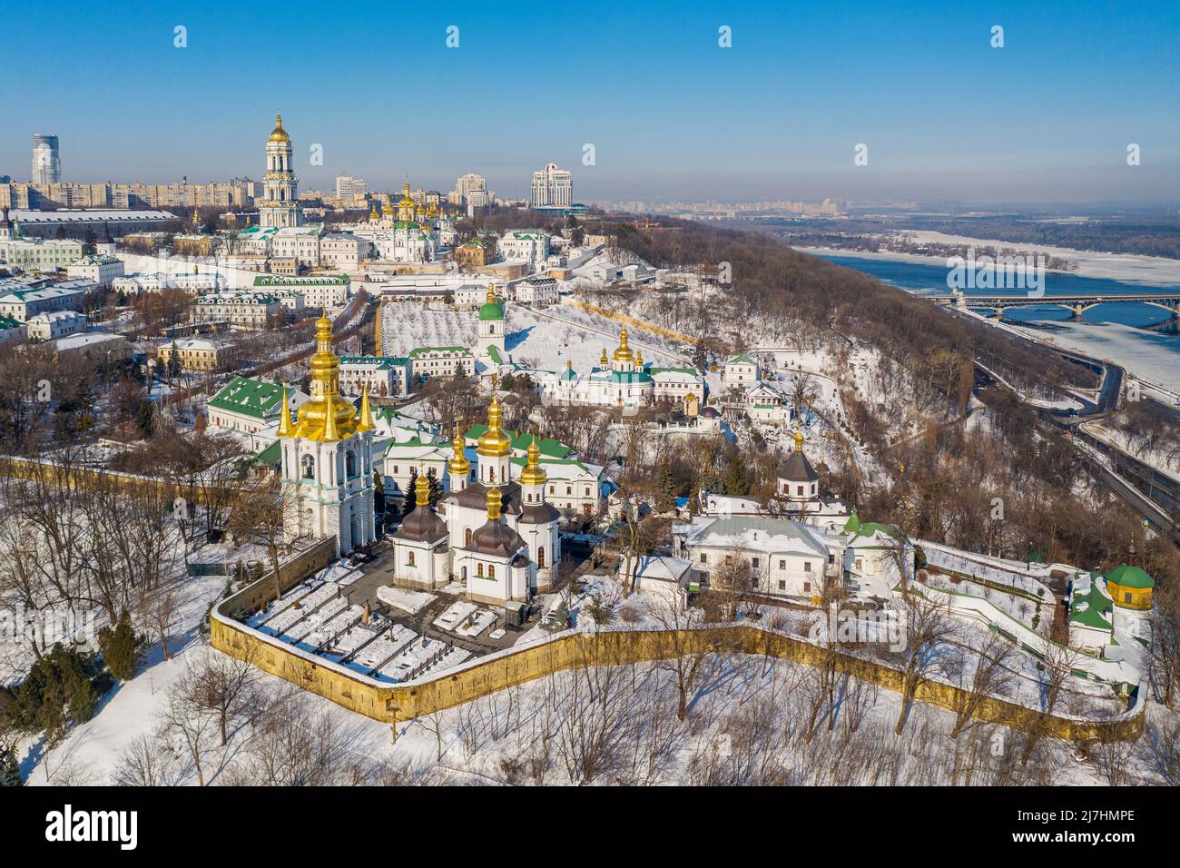 Beautiful winter top view of the Kiev-Pechersk Lavra. Many churches in ...