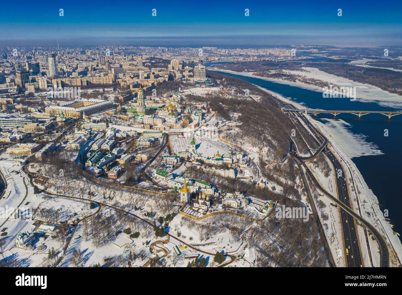 Beautiful winter top view of the Kiev-Pechersk Lavra. Many churches in ...