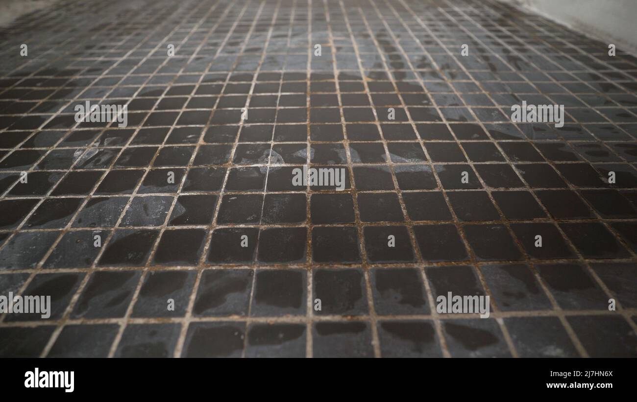 Old tiles on the floor in the bathroom. Black tile floor. General floor ...