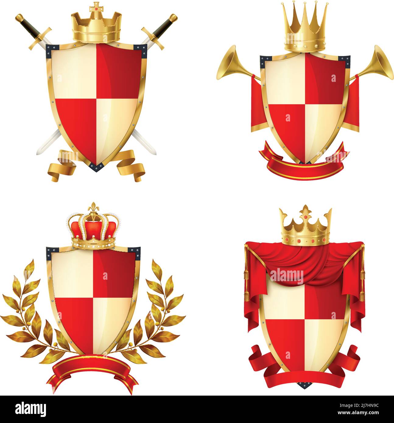 Heraldic shields realistic set with ribbons and crowns isolated vector ...