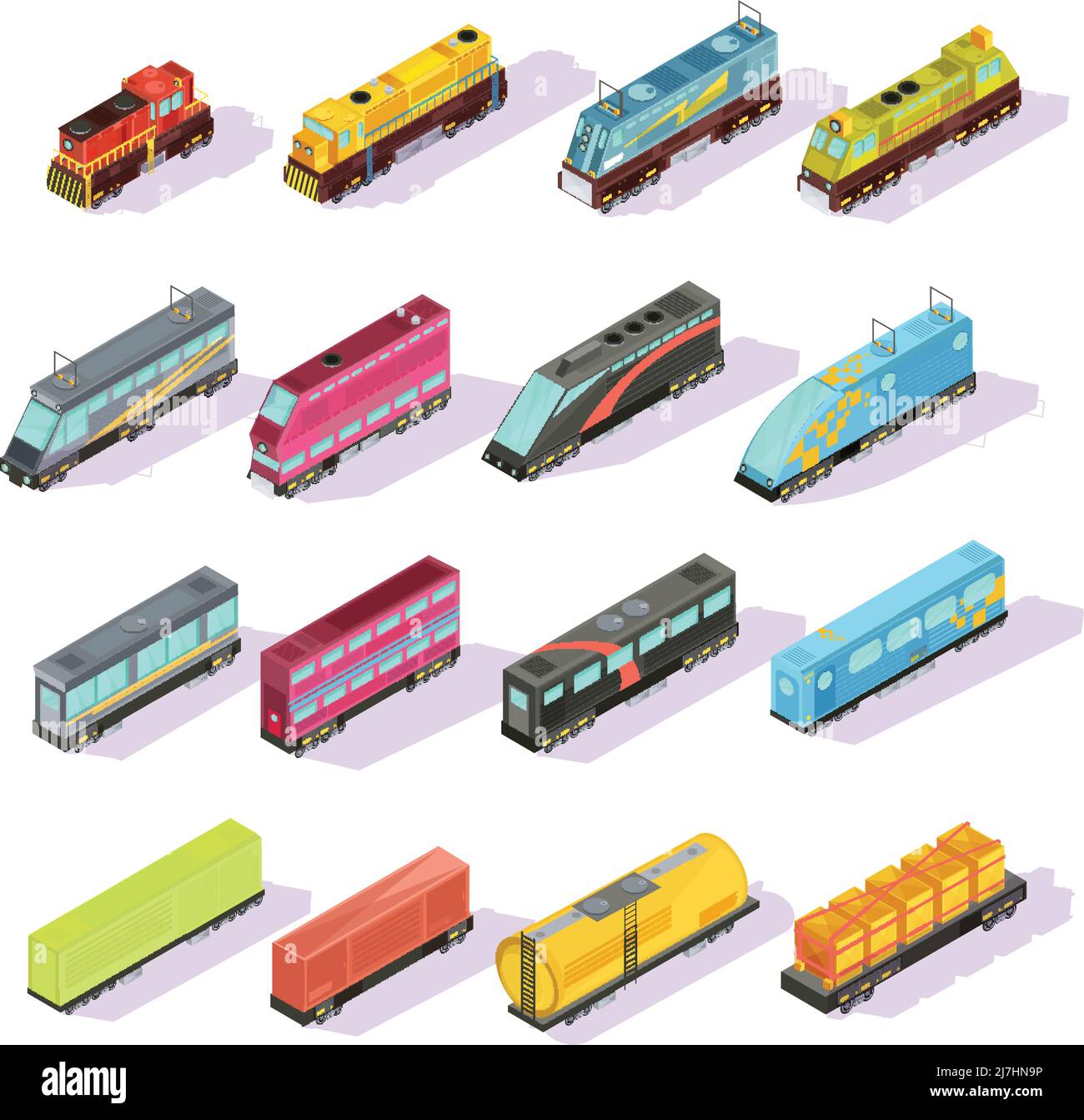 Trains isometric set of isolated colorful locomotive freight cars and ...