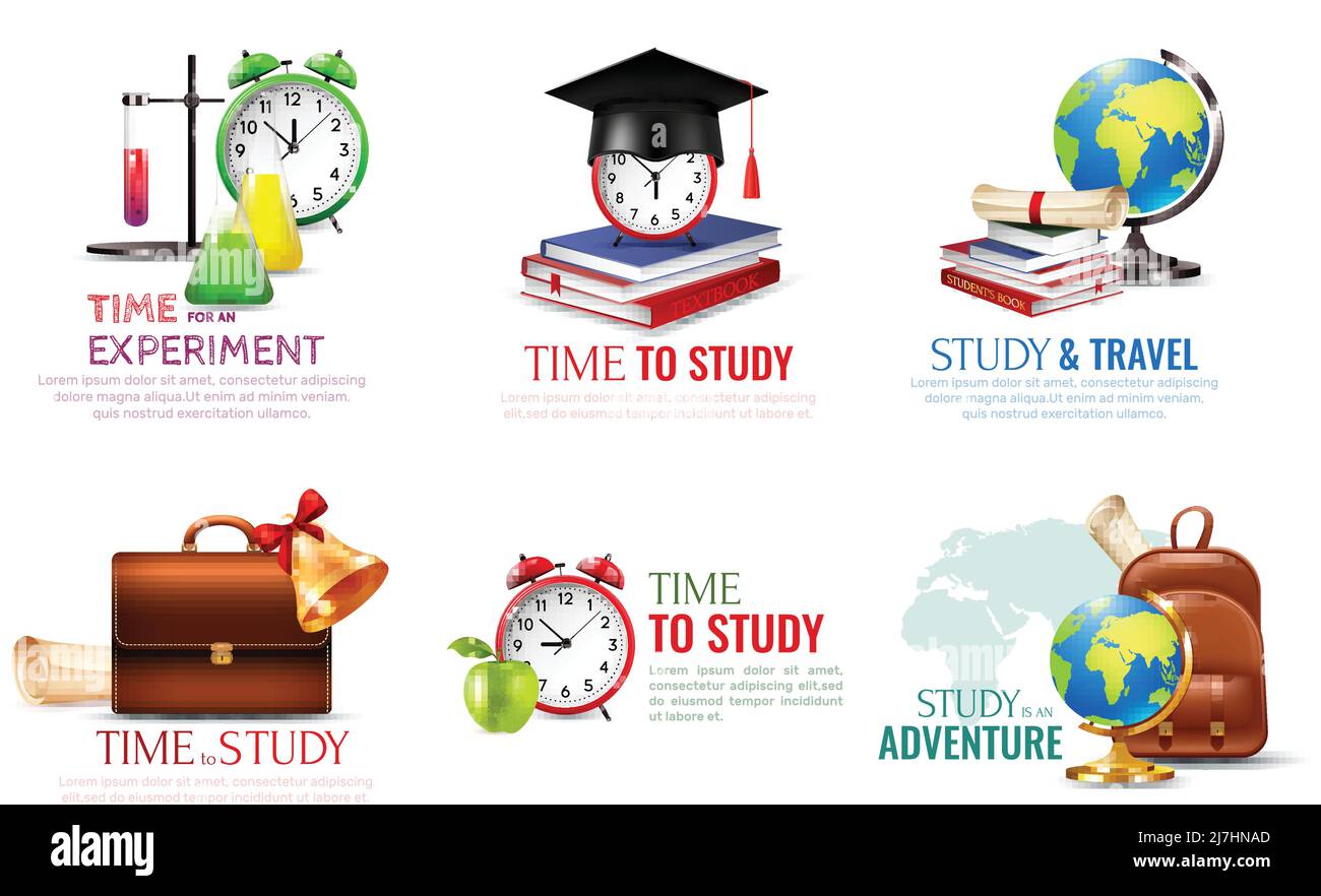 School graduation icons set with time to study symbols cartoon isolated ...