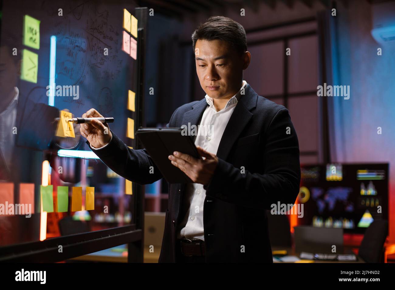 Confident male ceo manager, writing tasks or new startup ideas on ...