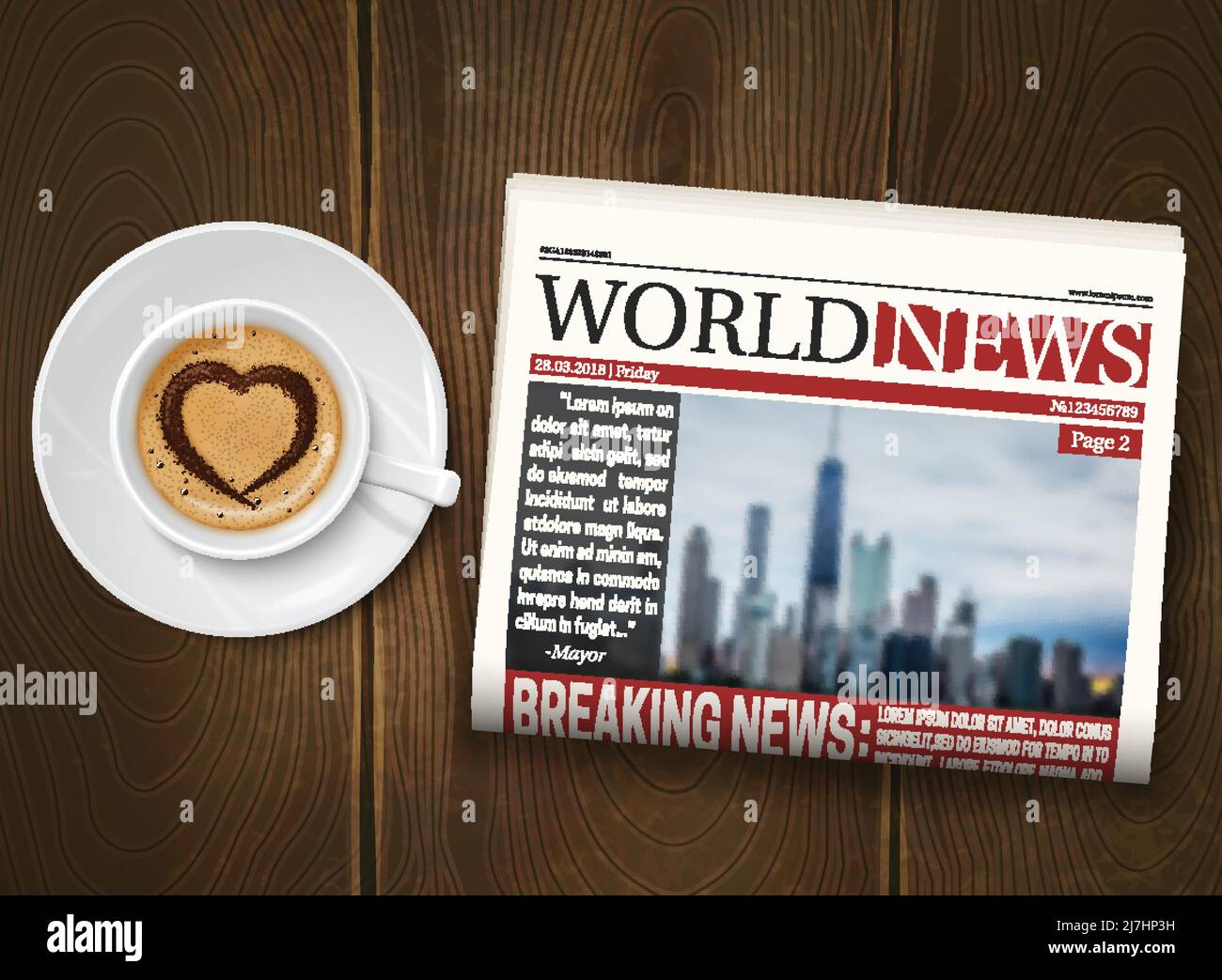 Morning world news realistic poster with cup coffee and folded ...