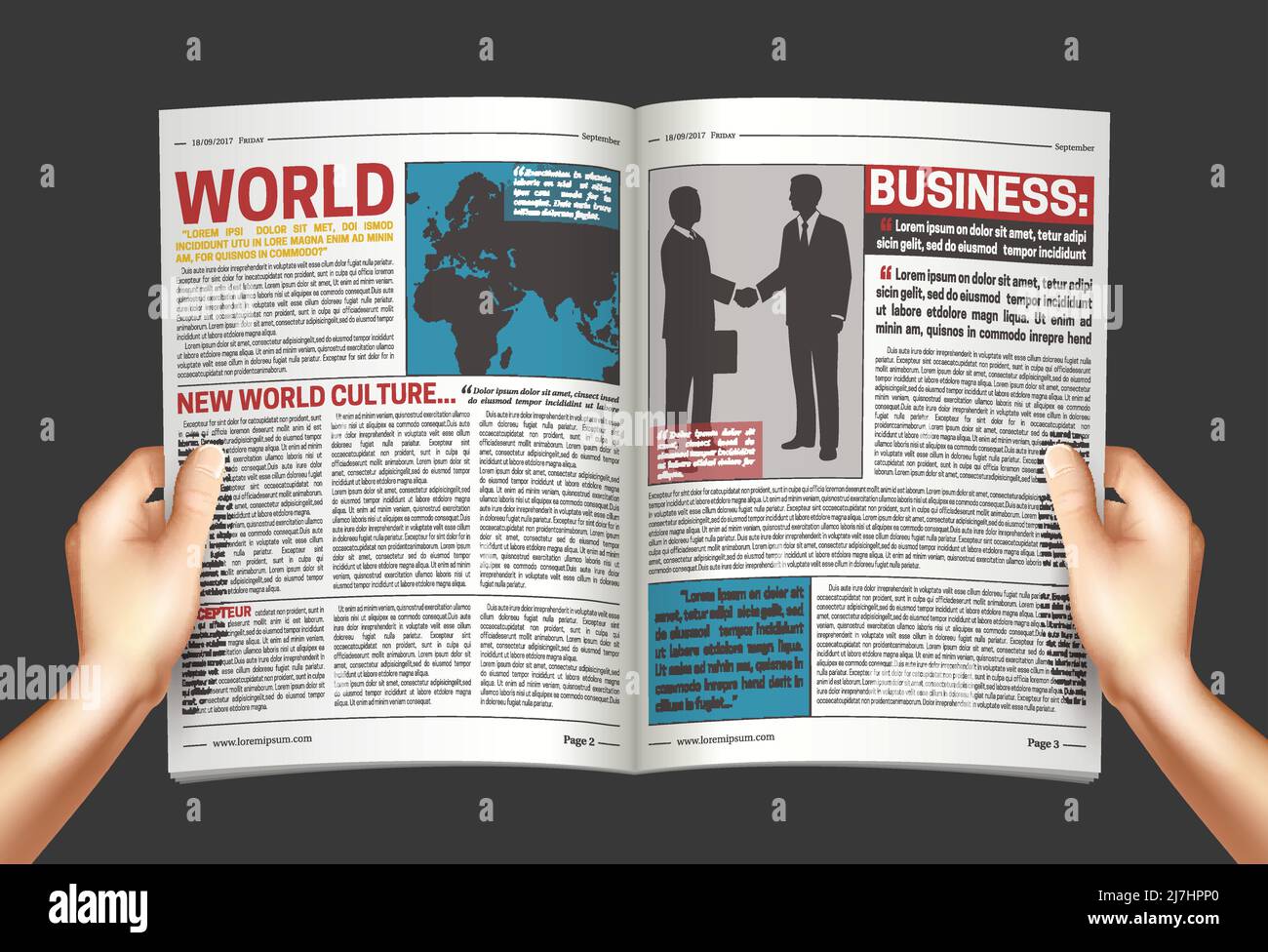 Reading world business news poster with hands holding open newspaper on ...