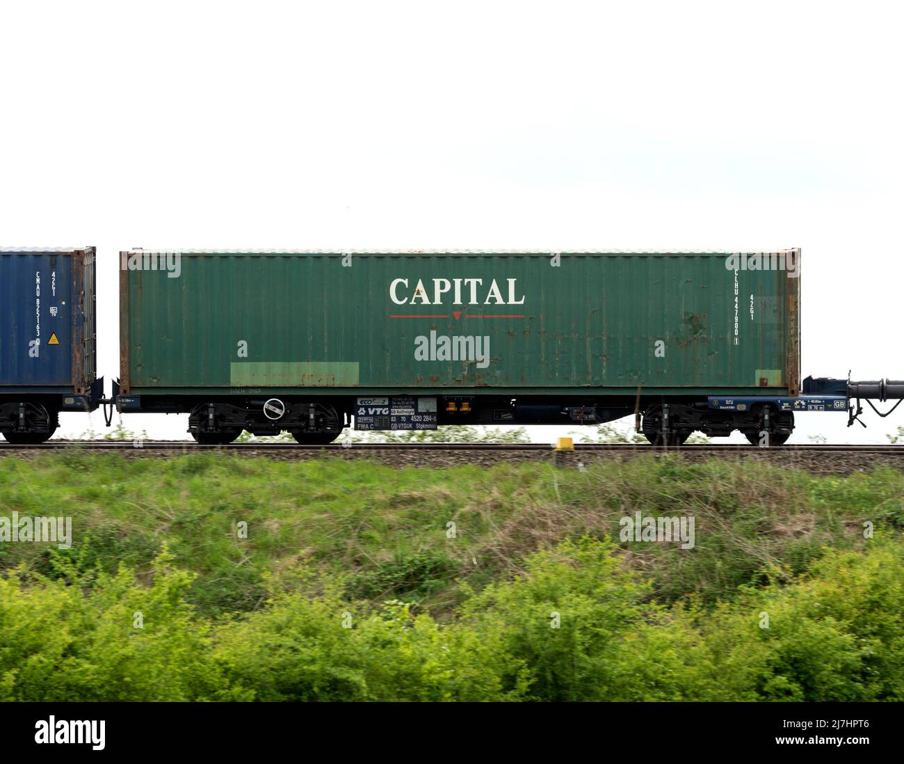A Capital shipping container on a freightliner train, Warwickshire, UK ...