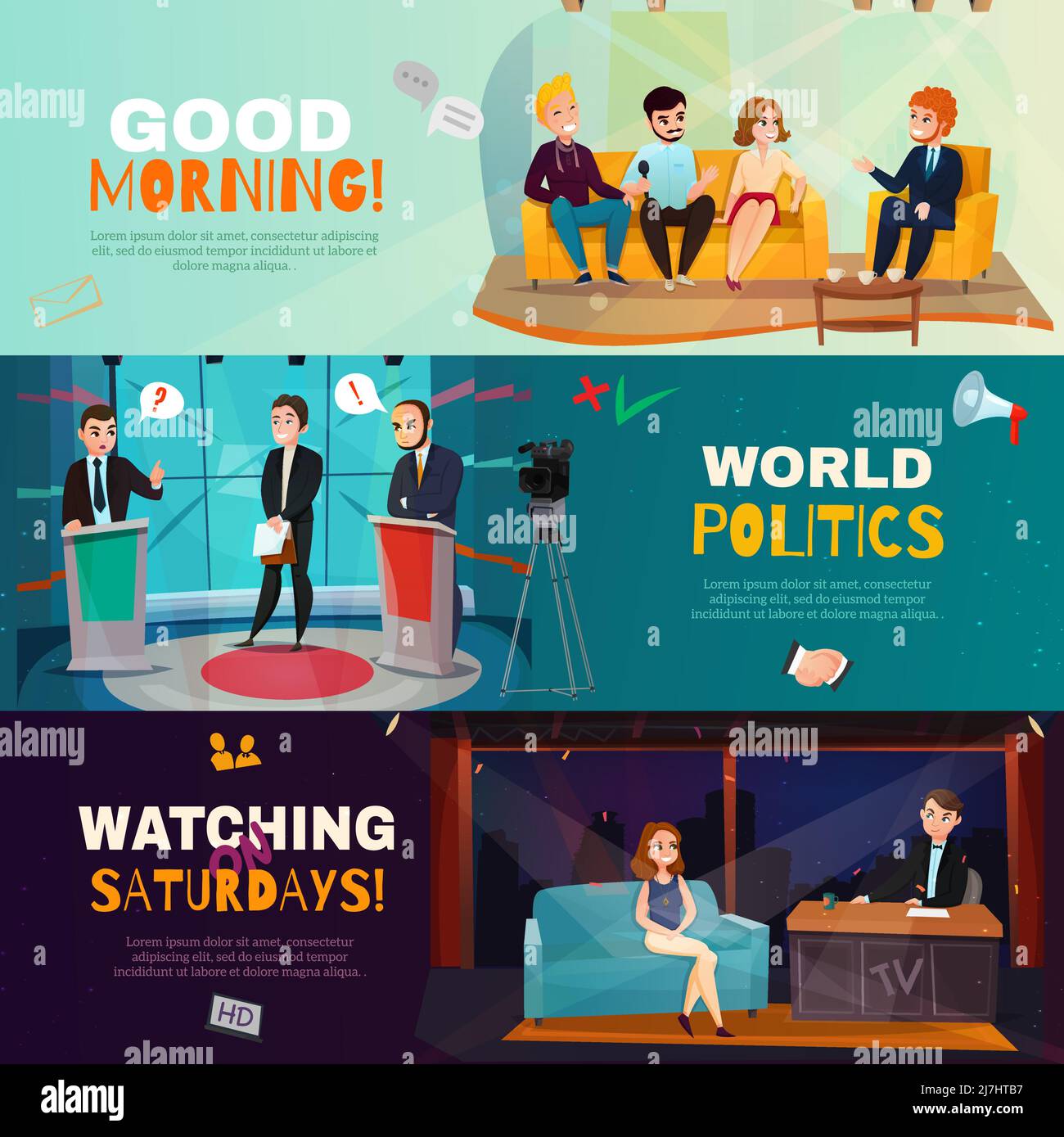 Cartoon set of three colorful horizontal banners presenting scenes from ...