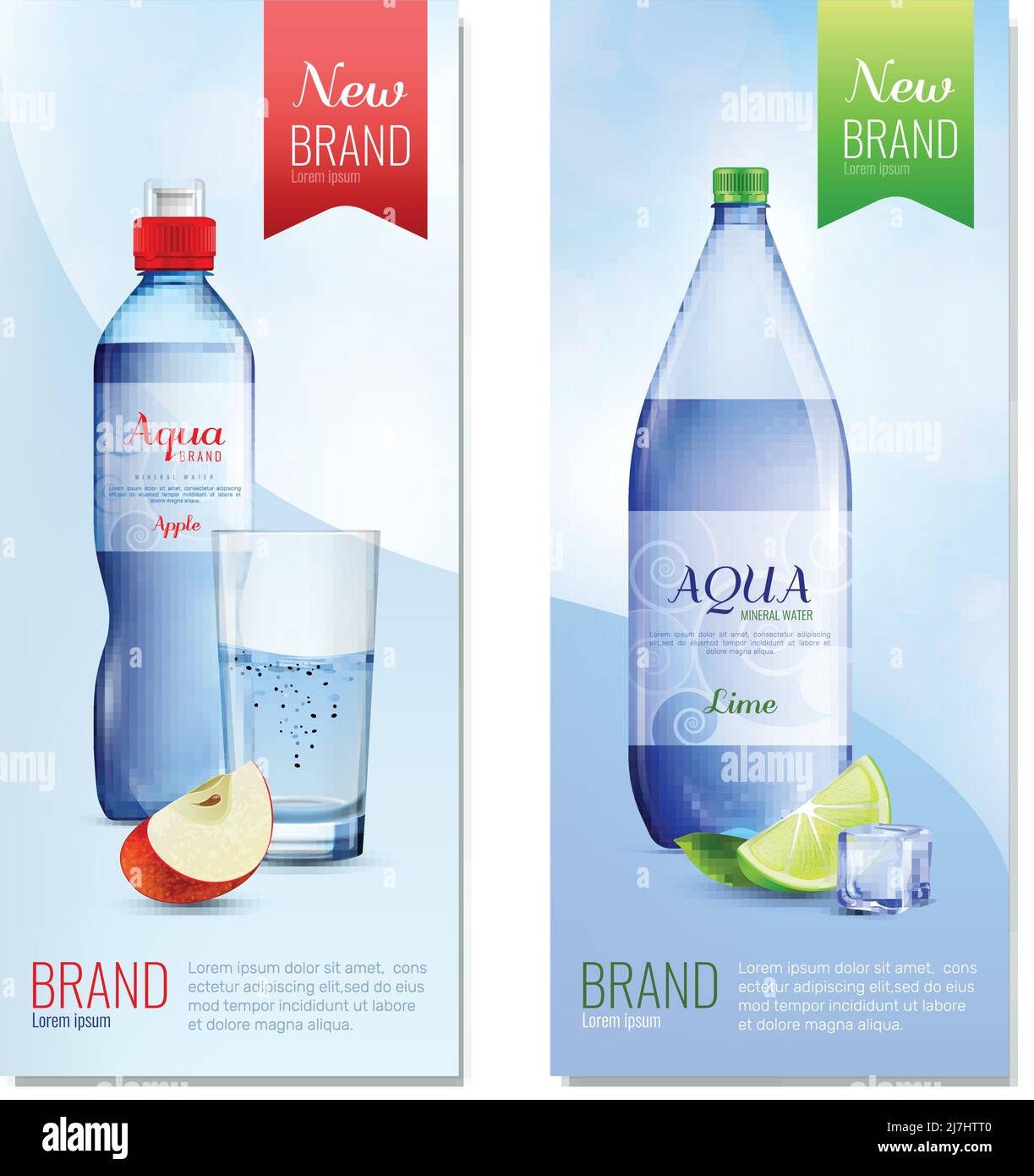 Two colored plastic bottle vertical banner set with new brand headlines ...