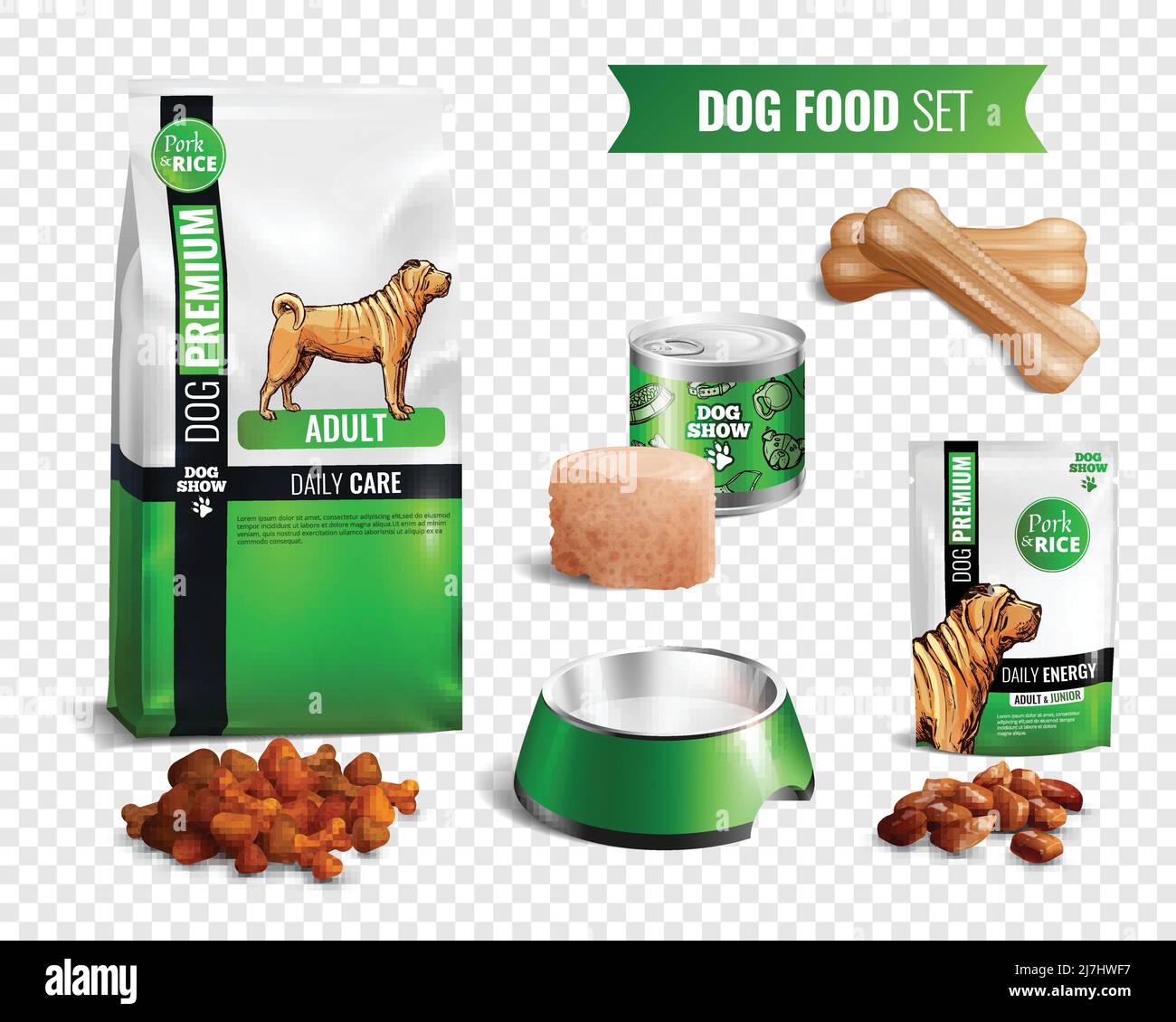 Colored realistic dog food transparent icon set with different types of ...
