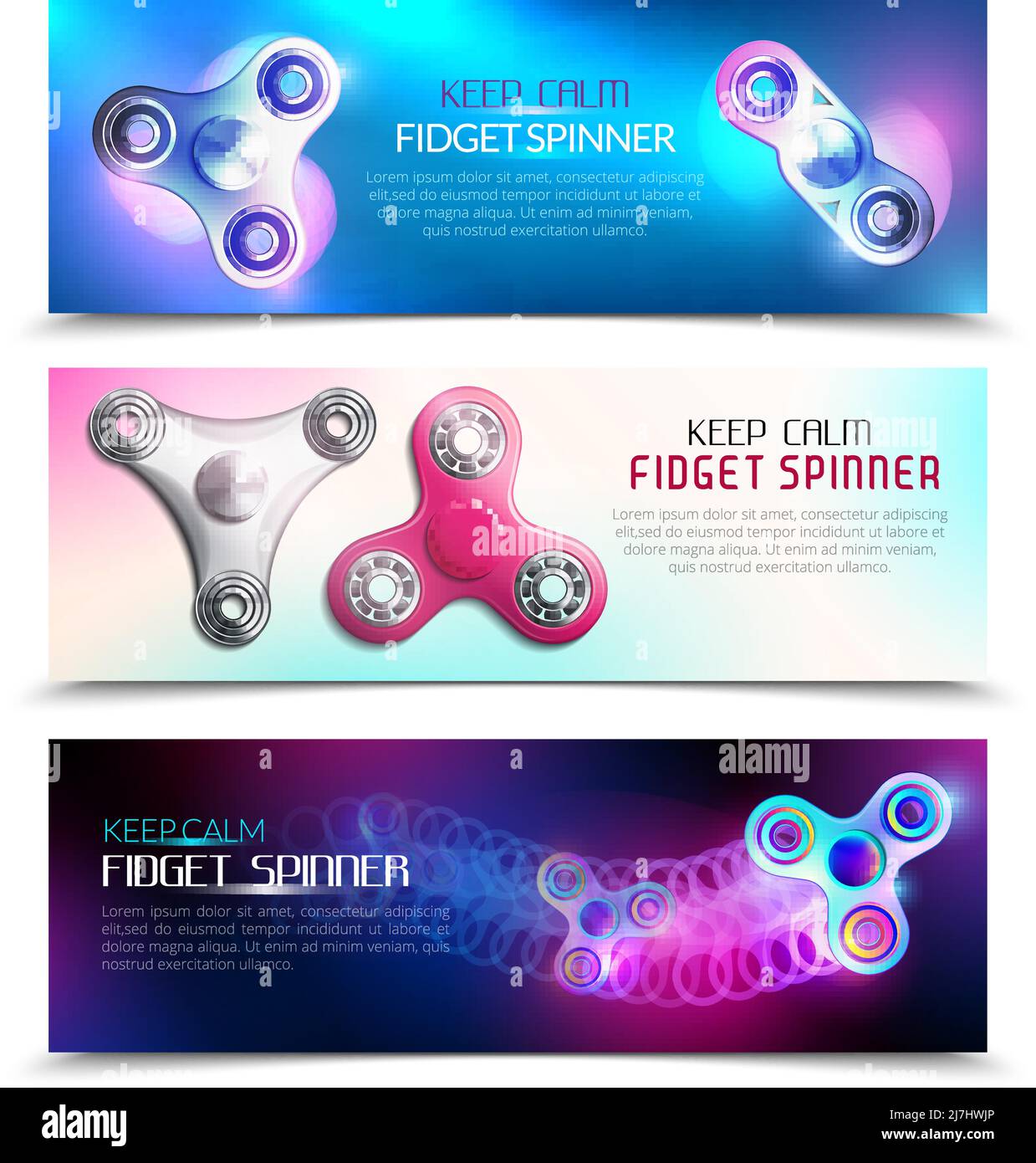 Three hand spinner toys horizontal banner set with keep calm fidget ...