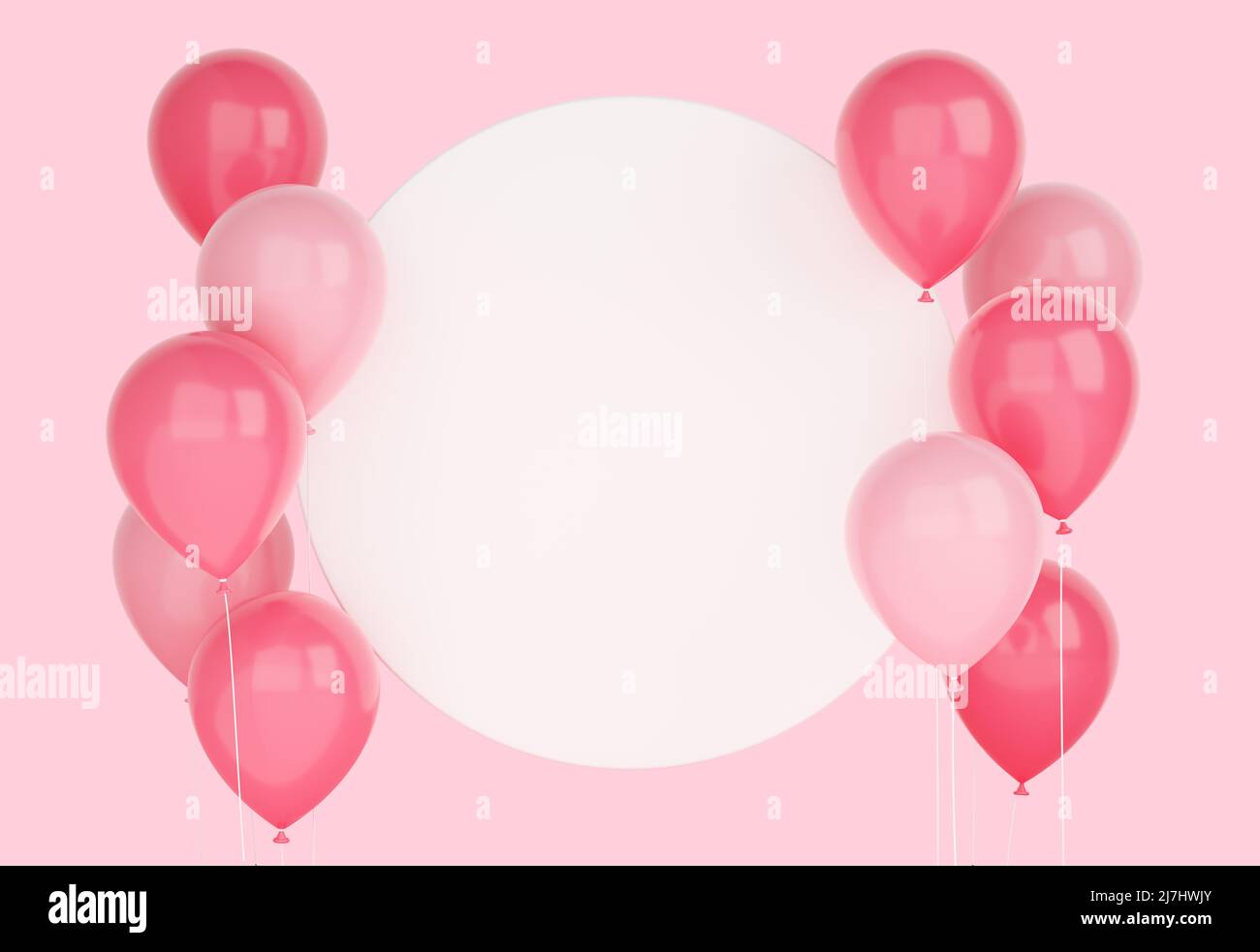Glossy flying pink balloons with round white banner 3d render ...